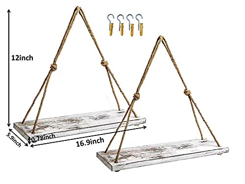 HoreZer Wood-Rope Hanging Floating Shelves Wall Decor Set of 2, Rustic White Wall Shelf with 4 Hooks and 4 Ropes,Wall Hanging Rope Shelves for Garden Kitchen Bathroom Living Room