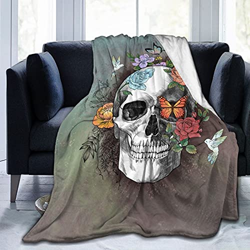 Flower Sugar Skull Throw Blanket Flannel Fleece Bed Blanket Cozy Air Conditioning Blanket Plush Blanket for Bedroom Living Sofa Car 80"x60"