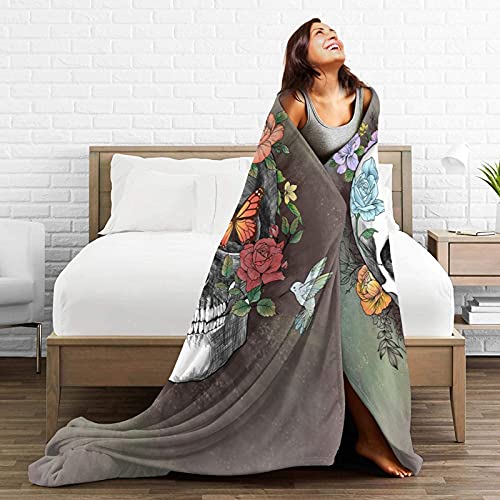 Flower Sugar Skull Throw Blanket Flannel Fleece Bed Blanket Cozy Air Conditioning Blanket Plush Blanket for Bedroom Living Sofa Car 80"x60"