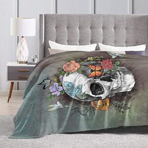 Flower Sugar Skull Throw Blanket Flannel Fleece Bed Blanket Cozy Air Conditioning Blanket Plush Blanket for Bedroom Living Sofa Car 80"x60"