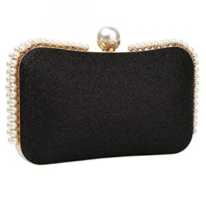 womens clutch pearls evening bag wedding party purse and shoulder handbag (black)