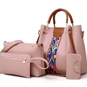 SMALLBLUER 4pcs Hobo Tote and Purse Satchel for Women Top-handle Handbag PU Shoulder Bag Clutch Card Holder-Pink