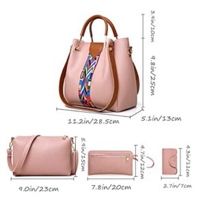 SMALLBLUER 4pcs Hobo Tote and Purse Satchel for Women Top-handle Handbag PU Shoulder Bag Clutch Card Holder-Pink