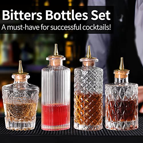 SuproBarware Bitters Bottle 4pcs Glass Dash Bottle Set for Cocktail with Zinc Alloy Dasher Top, Decorative Bottle， for Cocktail and Display (4pcs)