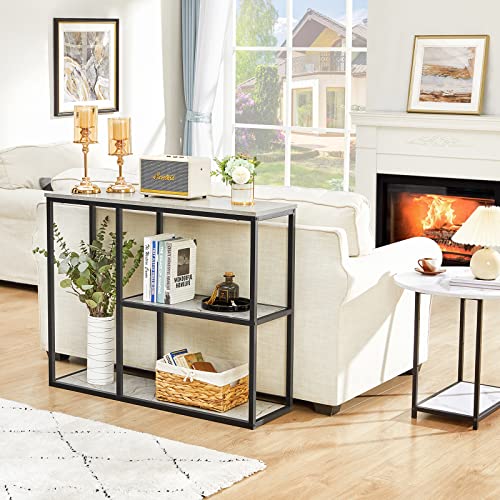 WOHOMO Console Table, 12 Inch Narrow Sofa Table with 3-Tier Storage Shelves, 40 Inch Industrial Entryway Table for Living Room, Corridor, Hallway, Grey Marble