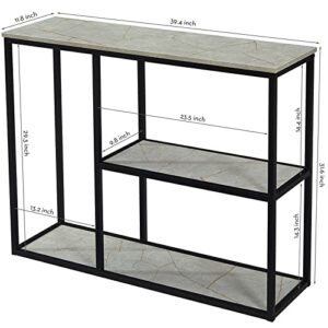 WOHOMO Console Table, 12 Inch Narrow Sofa Table with 3-Tier Storage Shelves, 40 Inch Industrial Entryway Table for Living Room, Corridor, Hallway, Grey Marble