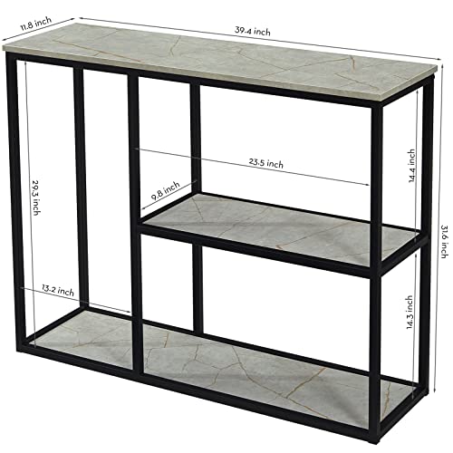 WOHOMO Console Table, 12 Inch Narrow Sofa Table with 3-Tier Storage Shelves, 40 Inch Industrial Entryway Table for Living Room, Corridor, Hallway, Grey Marble