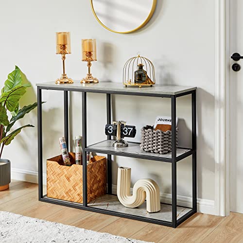 WOHOMO Console Table, 12 Inch Narrow Sofa Table with 3-Tier Storage Shelves, 40 Inch Industrial Entryway Table for Living Room, Corridor, Hallway, Grey Marble