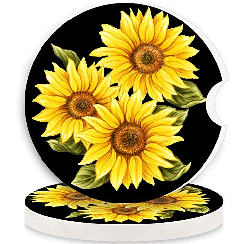 Car Coasters for Drinks Cup Holders Absorbent,2 Packs Ceramic Car Cup Holder Coaster,Cute Car Accessories for Women,Stone Black Car Coasters with Finger Notch and Easy Clean(Painting Sunflower)