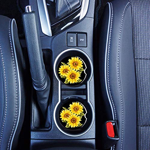 Car Coasters for Drinks Cup Holders Absorbent,2 Packs Ceramic Car Cup Holder Coaster,Cute Car Accessories for Women,Stone Black Car Coasters with Finger Notch and Easy Clean(Painting Sunflower)