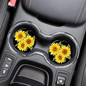 Car Coasters for Drinks Cup Holders Absorbent,2 Packs Ceramic Car Cup Holder Coaster,Cute Car Accessories for Women,Stone Black Car Coasters with Finger Notch and Easy Clean(Painting Sunflower)