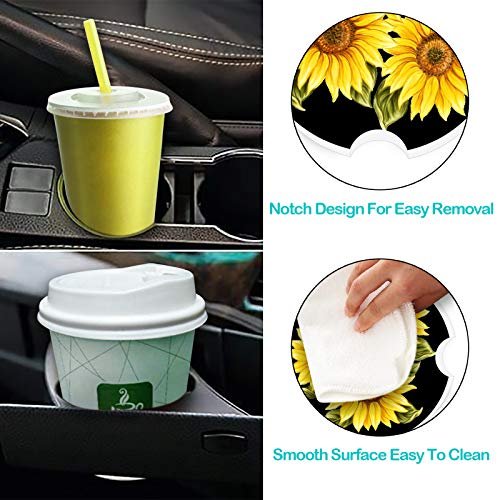 Car Coasters for Drinks Cup Holders Absorbent,2 Packs Ceramic Car Cup Holder Coaster,Cute Car Accessories for Women,Stone Black Car Coasters with Finger Notch and Easy Clean(Painting Sunflower)