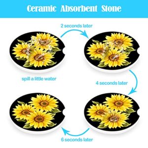 Car Coasters for Drinks Cup Holders Absorbent,2 Packs Ceramic Car Cup Holder Coaster,Cute Car Accessories for Women,Stone Black Car Coasters with Finger Notch and Easy Clean(Painting Sunflower)