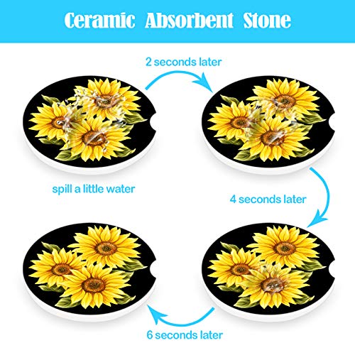 Car Coasters for Drinks Cup Holders Absorbent,2 Packs Ceramic Car Cup Holder Coaster,Cute Car Accessories for Women,Stone Black Car Coasters with Finger Notch and Easy Clean(Painting Sunflower)