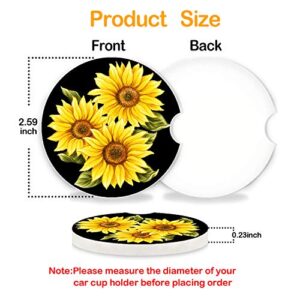 Car Coasters for Drinks Cup Holders Absorbent,2 Packs Ceramic Car Cup Holder Coaster,Cute Car Accessories for Women,Stone Black Car Coasters with Finger Notch and Easy Clean(Painting Sunflower)