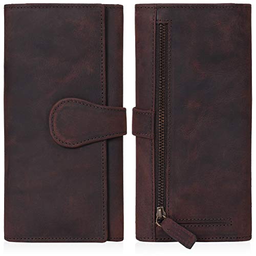 ESTALON Leather Wallets for Women - RFID Blocking Checkbook Wallet with 11 Card Slots (Brown Hunter, 7.6X4X0.8)