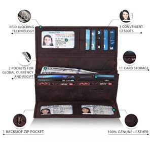 ESTALON Leather Wallets for Women - RFID Blocking Checkbook Wallet with 11 Card Slots (Brown Hunter, 7.6X4X0.8)