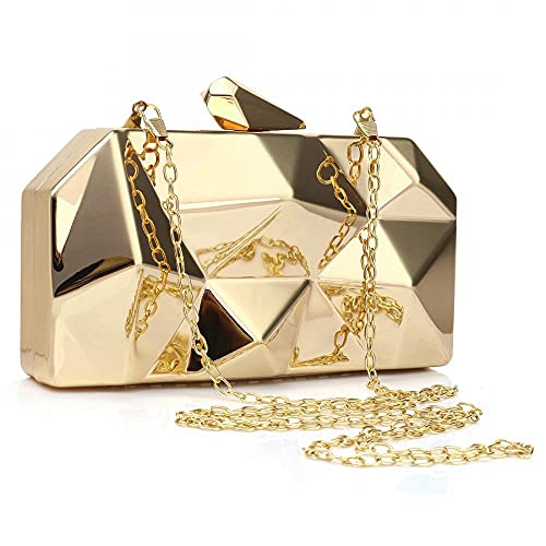 Women Geometric Lattice Pattern Metal Evening Bag Party Wedding Bridal Prom Purse Crossbody Bag with Chain (Gold)