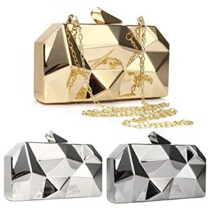 Women Geometric Lattice Pattern Metal Evening Bag Party Wedding Bridal Prom Purse Crossbody Bag with Chain (Gold)