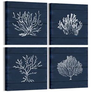 homeoart coral canvas wall art prints ocean navy blue coastal artwork beach home decor picture framed ready to hang 12″x12″x4 pieces