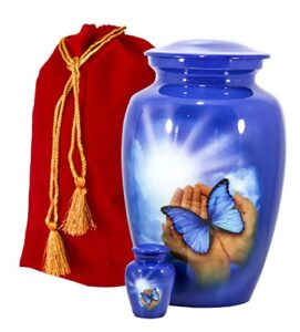 the ascent memorial urn for human ashes adult male female | butterfly printed large funeral urn | complimentary small keepsake vial | 2 velvet carry bags for urns and keepsakes