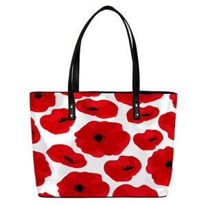 poppy women’s soft faux leather tote shoulder bag red poppies big capacity handbag for work school travel dating