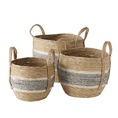 Coastal Grey Stripes 3 Piece Basket Set, Floor and Shelf Organizers, Corn Husk Wicker, Durable Chunky Rope Weave, Handles, Stitched, Reinforced, Rustic Home Decor, Round, 13, 11, 9 Diameter Inches