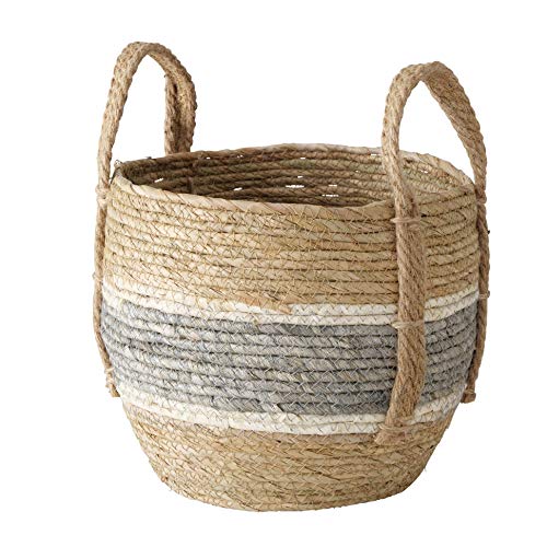 Coastal Grey Stripes 3 Piece Basket Set, Floor and Shelf Organizers, Corn Husk Wicker, Durable Chunky Rope Weave, Handles, Stitched, Reinforced, Rustic Home Decor, Round, 13, 11, 9 Diameter Inches