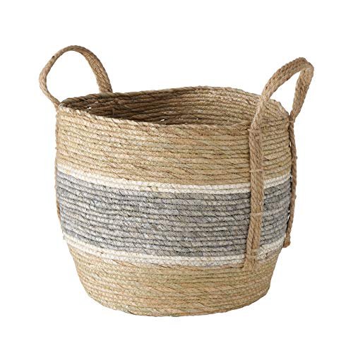 Coastal Grey Stripes 3 Piece Basket Set, Floor and Shelf Organizers, Corn Husk Wicker, Durable Chunky Rope Weave, Handles, Stitched, Reinforced, Rustic Home Decor, Round, 13, 11, 9 Diameter Inches