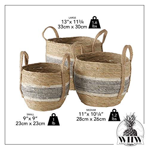 Coastal Grey Stripes 3 Piece Basket Set, Floor and Shelf Organizers, Corn Husk Wicker, Durable Chunky Rope Weave, Handles, Stitched, Reinforced, Rustic Home Decor, Round, 13, 11, 9 Diameter Inches