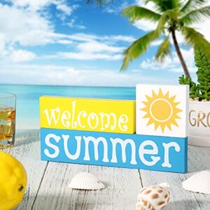 3 pieces wooden welcome summer blocks, farmhouse wood welcome summer tiered tray decor, rustic sun wooden sign table decor for summer desk shelf window tiered tray