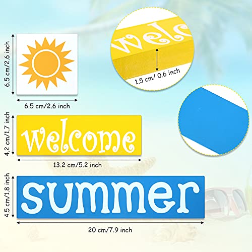 3 Pieces Wooden Welcome Summer Blocks, Farmhouse Wood Welcome Summer Tiered Tray Decor, Rustic Sun Wooden Sign Table Decor for Summer Desk Shelf Window Tiered Tray