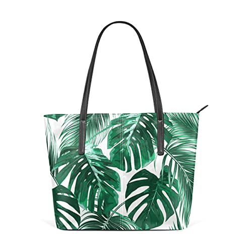 Leather Tote Bag for Women with Zipper Handbags Shoulder Bag Tropical Palm Monstera Leaf Pockets Work Travel Small Office Business