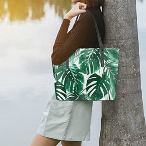 Leather Tote Bag for Women with Zipper Handbags Shoulder Bag Tropical Palm Monstera Leaf Pockets Work Travel Small Office Business