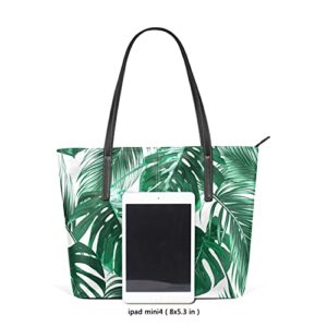 Leather Tote Bag for Women with Zipper Handbags Shoulder Bag Tropical Palm Monstera Leaf Pockets Work Travel Small Office Business