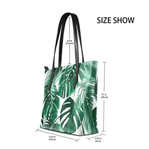 Leather Tote Bag for Women with Zipper Handbags Shoulder Bag Tropical Palm Monstera Leaf Pockets Work Travel Small Office Business