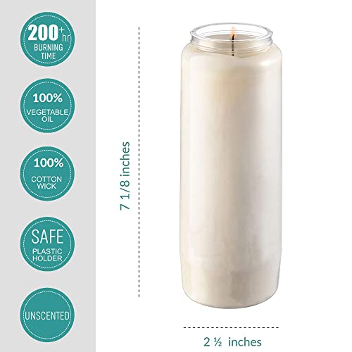 Tribello 9 Day Candles, 10 Pack - 7” White Pillar Candles for Memorial, Prayer Candles, Party Decor, and Emergency Candles - Unscented Slow Burning 100% Vegetable Wax in Plastic Jar Container