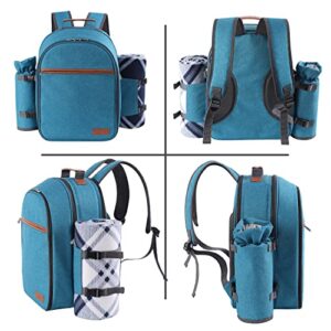 Apollo Walker Picnic Backpack Set for 2 Person with Cooler Compartment, Detachable Bottle/Wine Holder, Fleece Blanket, Plates and Cutlery Set (Teal)