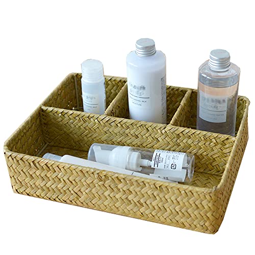 Rectangular Woven Seagrass Storage Basket Box with 4 Compartments, Key Basket Wallet Tray Entryway Table with Wire Frame, Water Hyacinth Divided Basket Organizing for Tissue, Charger, Exxacttorch