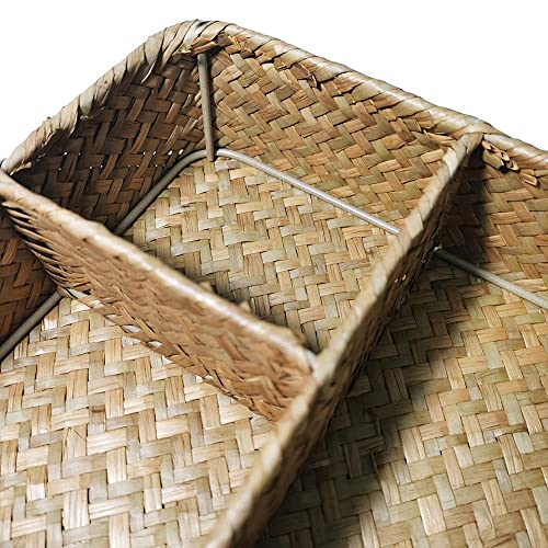 Rectangular Woven Seagrass Storage Basket Box with 4 Compartments, Key Basket Wallet Tray Entryway Table with Wire Frame, Water Hyacinth Divided Basket Organizing for Tissue, Charger, Exxacttorch