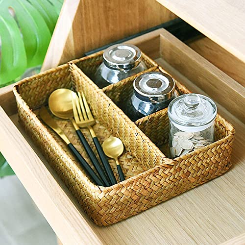 Rectangular Woven Seagrass Storage Basket Box with 4 Compartments, Key Basket Wallet Tray Entryway Table with Wire Frame, Water Hyacinth Divided Basket Organizing for Tissue, Charger, Exxacttorch