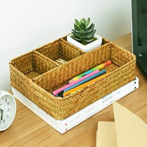 Rectangular Woven Seagrass Storage Basket Box with 4 Compartments, Key Basket Wallet Tray Entryway Table with Wire Frame, Water Hyacinth Divided Basket Organizing for Tissue, Charger, Exxacttorch