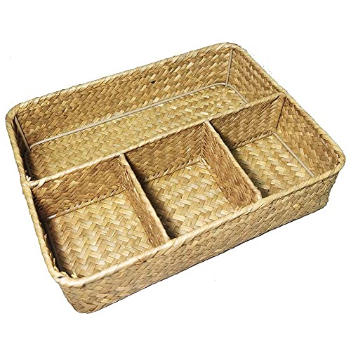 Rectangular Woven Seagrass Storage Basket Box with 4 Compartments, Key Basket Wallet Tray Entryway Table with Wire Frame, Water Hyacinth Divided Basket Organizing for Tissue, Charger, Exxacttorch