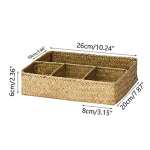 Rectangular Woven Seagrass Storage Basket Box with 4 Compartments, Key Basket Wallet Tray Entryway Table with Wire Frame, Water Hyacinth Divided Basket Organizing for Tissue, Charger, Exxacttorch