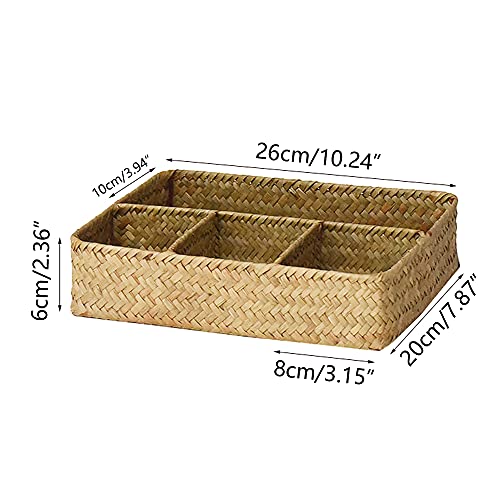 Rectangular Woven Seagrass Storage Basket Box with 4 Compartments, Key Basket Wallet Tray Entryway Table with Wire Frame, Water Hyacinth Divided Basket Organizing for Tissue, Charger, Exxacttorch