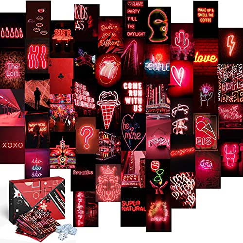 KOLL DECOR Red Aesthetic Room Decor Wall Collage Aesthetic - 50 Set 4''x6'' Prints Neon Dark Red photo Wall Collage Kit Decoration Pictures for Teen Girls Academia Bedroom Posters