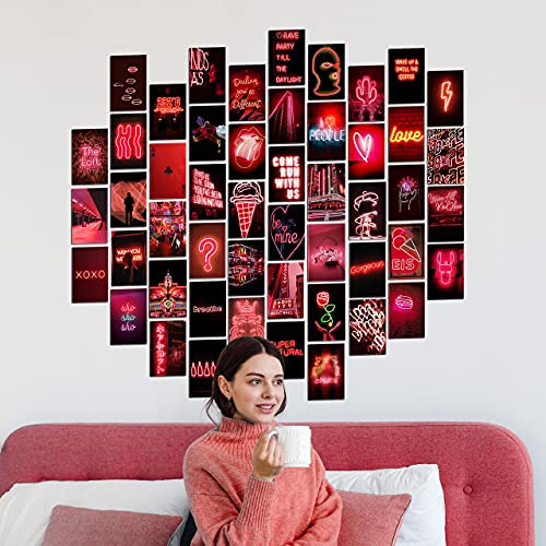 KOLL DECOR Red Aesthetic Room Decor Wall Collage Aesthetic - 50 Set 4''x6'' Prints Neon Dark Red photo Wall Collage Kit Decoration Pictures for Teen Girls Academia Bedroom Posters