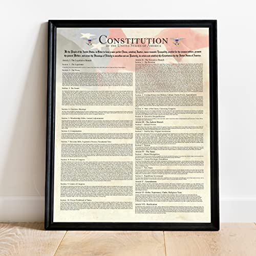 "Constitution of the United States of America"-Patriotic Poster Print -11x14" Wall Decor-Ready To Frame. Ivory Parchment Replica w/Flag. American Decor for Home-Office-School. Knowledge on Display!