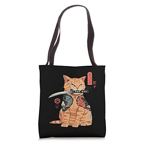 Japanese Samurai Ninja Cat Kawaii Tattoo Graphic Tote Bag