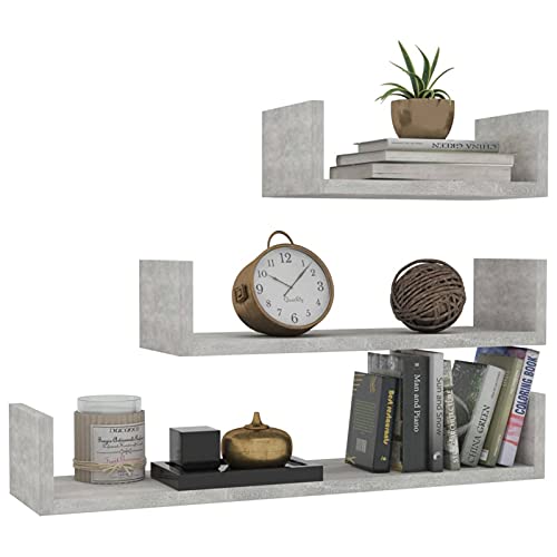 Tidyard 3 Piece Floating Shelves Chipboard Wall Mount Collectables Photo Display Stand Storage Shelf Concrete Gray for Living Room, Bedroom, Home, Office Decor